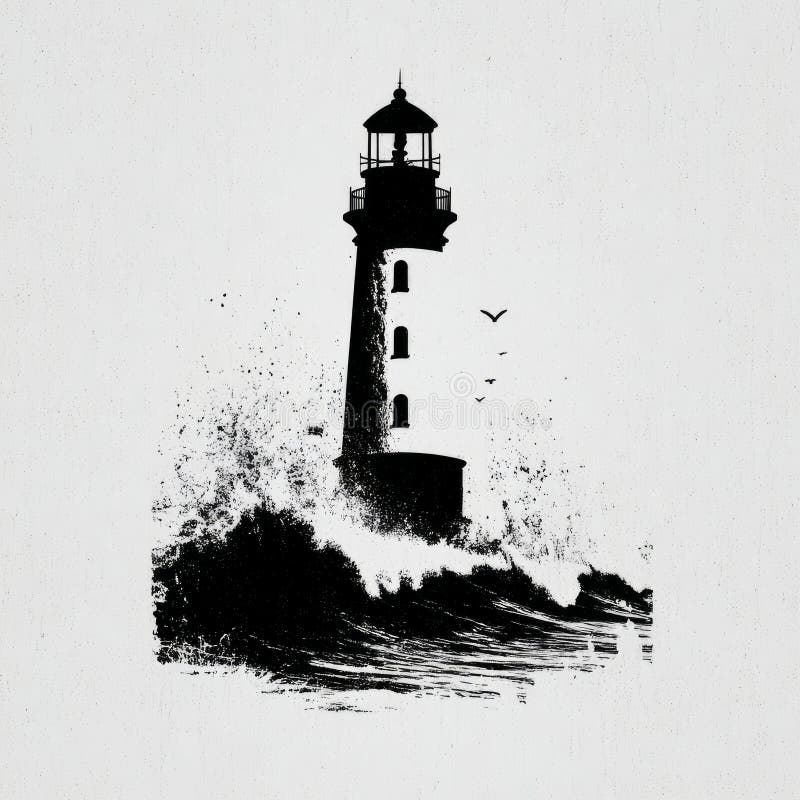 Dramatic Black and White Lighthouse on a Cliff Stock Illustration ...