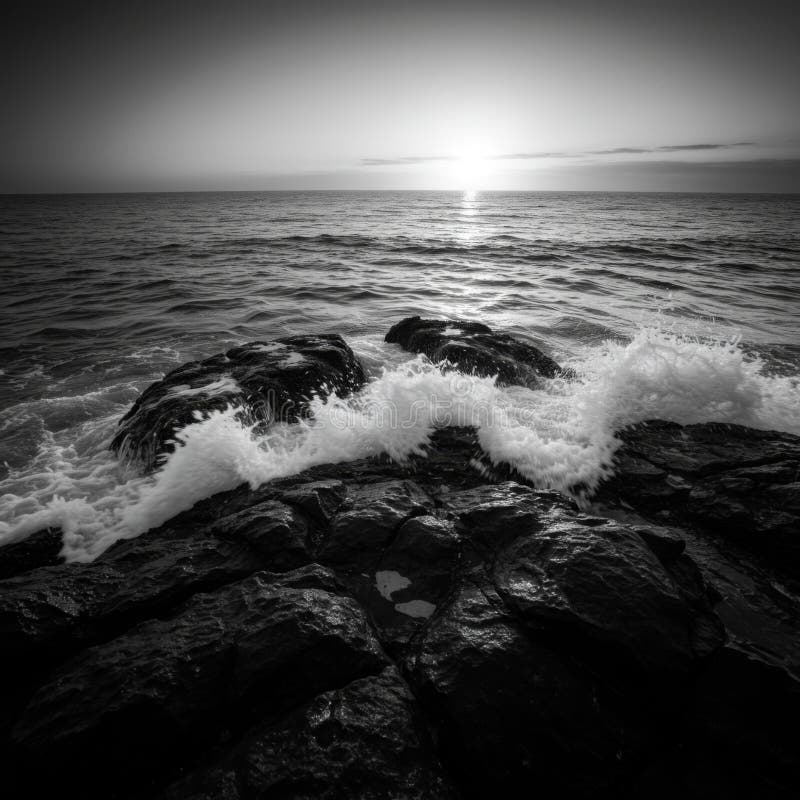 Dramatic Black and White Ocean Waves Crashing on Rocks at Sunset Stock ...