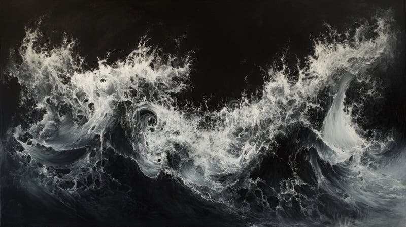 Dramatic Black and White Ocean Waves Painting Stock Illustration ...