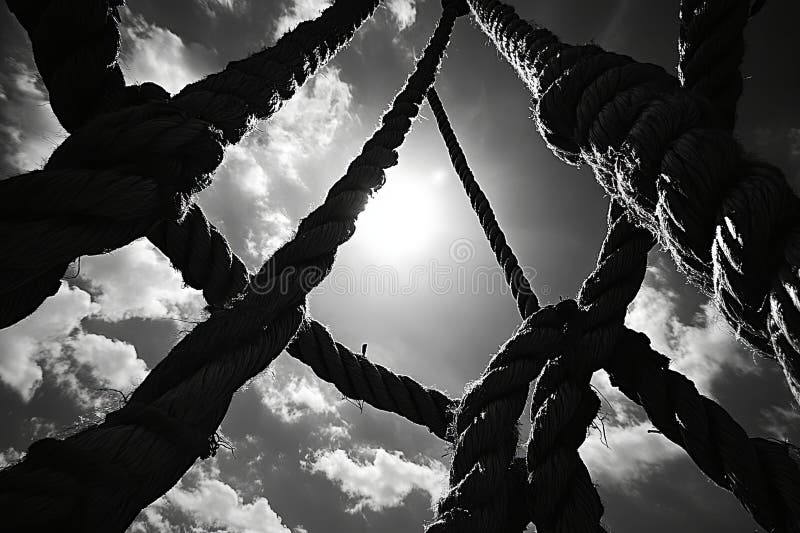 Dramatic Black and White Perspective of Ropes Against a Bright Sunlit ...