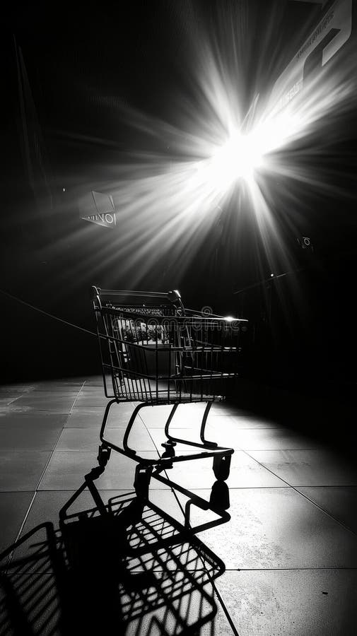 Dramatic Black and White Shopping Cart in Spotlight with Shadows and ...