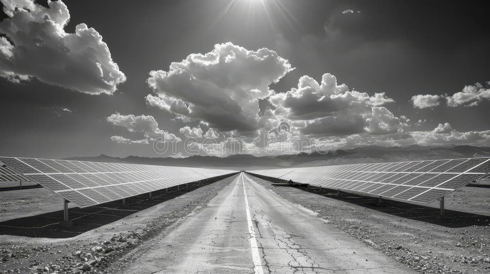Dramatic Black and White Solar Farm with Clouded Sky and Sun Rays Stock ...