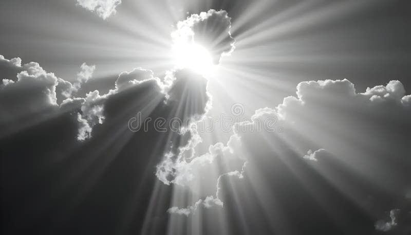 Dramatic Black and White Sunlight Piercing Clouds with Rays of Light ...