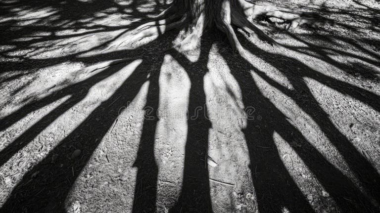 Dramatic Black and White Tree Roots Casting Shadows on Ground in Sunlit ...