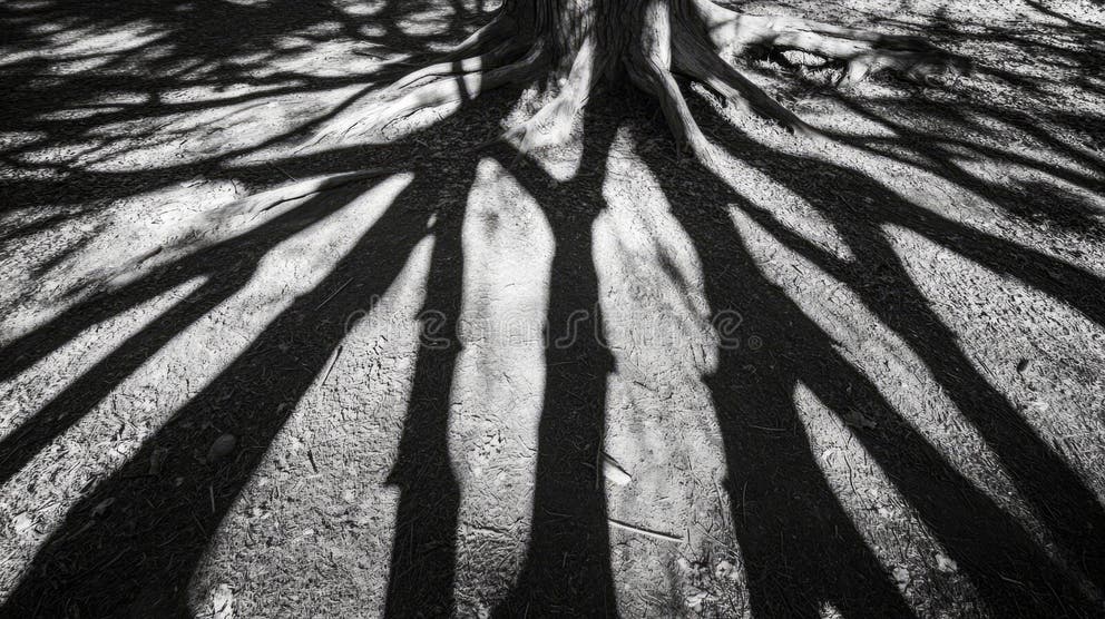 Dramatic Black and White Tree Roots Casting Shadows on Ground in Sunlit ...