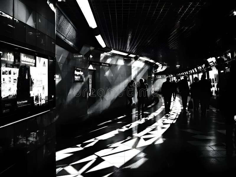 Dramatic Black and White Underground Passage with Silhouetted People ...