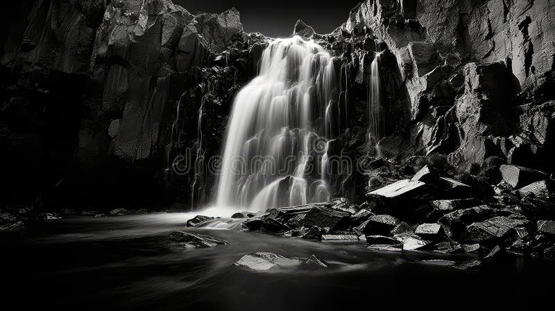 Dramatic Black and White Waterfall Stock Illustration - Illustration of ...