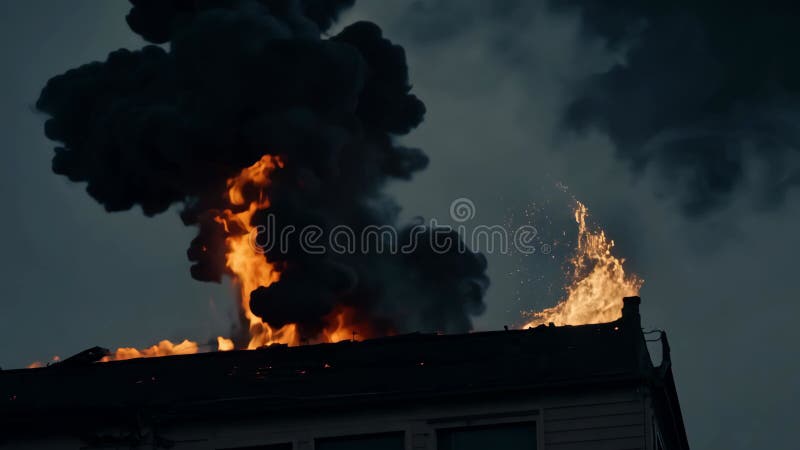 Dramatic Blaze Engulfs Rooftop of Building at Dusk Stock Footage ...
