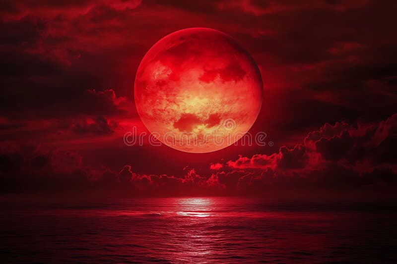 Dramatic Blood Moon Over a Red Sea Stock Illustration - Illustration of ...