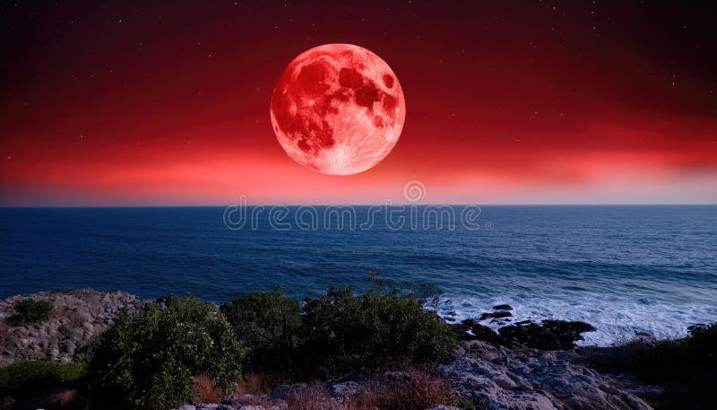 A Dramatic Blood-red Full Moon Rising Over a Dark Ocean with Rugged ...