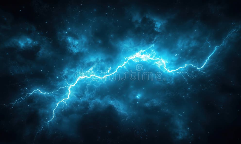 Dramatic Blue Lightning Striking through Dark Stormy Clouds in Cosmic ...