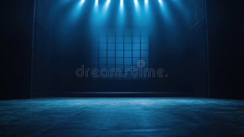 Dramatic Blue Lit Stage Empty Studio Dark Room Industrial Background ...