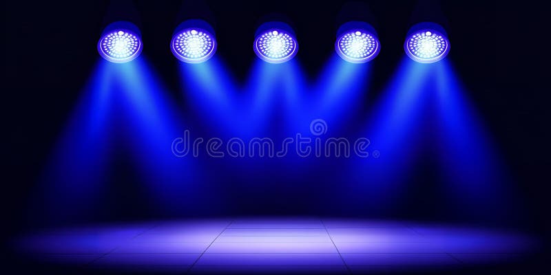 Dramatic Blue Stage Lighting Four Spotlights Illuminating Empty Floor ...