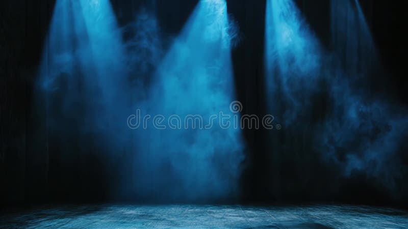 Dramatic Blue Stage with Smoky Atmosphere and Spotlight Beams Stock ...