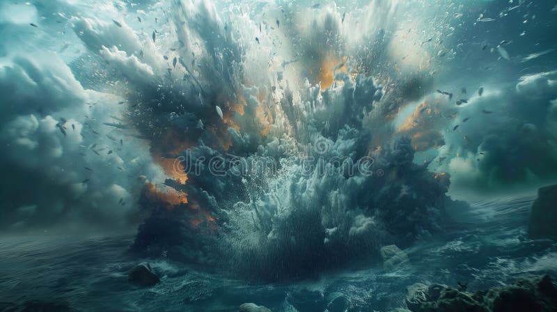 A Dramatic Bomb Explosion in the Sea, with a Massive Water Plume, Shock ...
