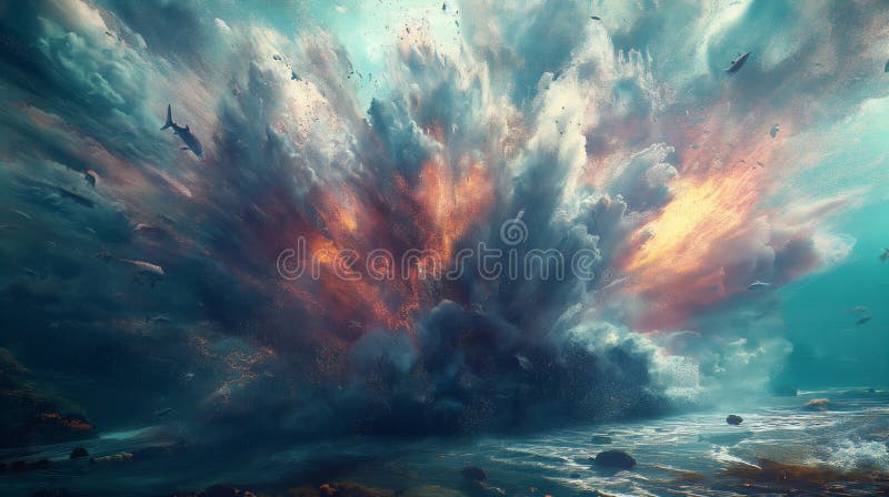 A Dramatic Bomb Explosion in the Sea, with a Massive Water Plume, Shock ...
