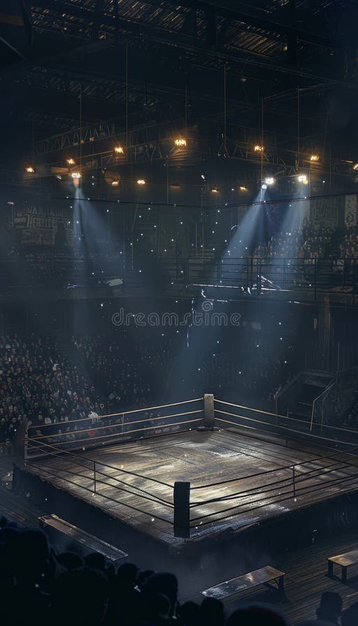 Dramatic Boxing Stadium Under Dim Lighting Spotlight on the Ring Amidst ...