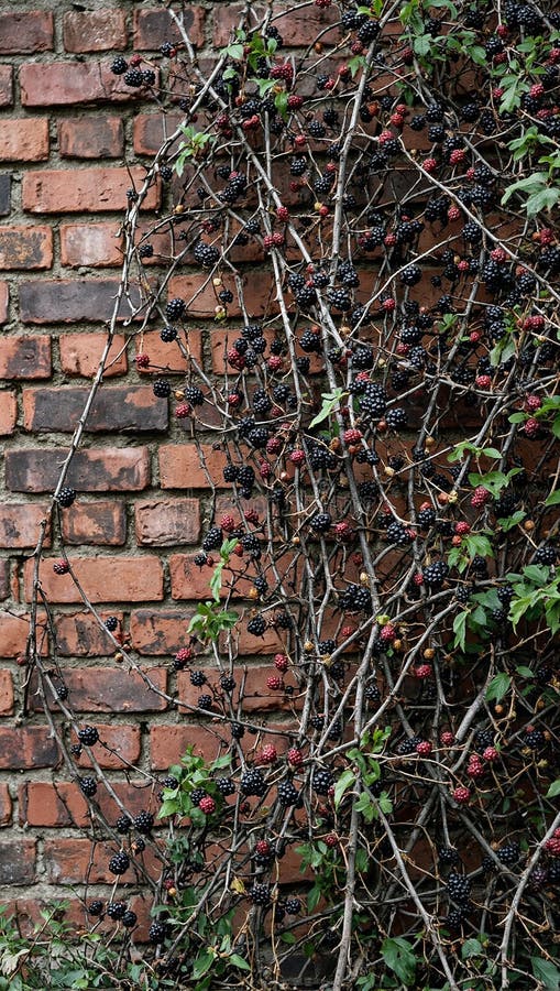 Dramatic Brick Wall with Blackberry Brambles Stock Illustration ...