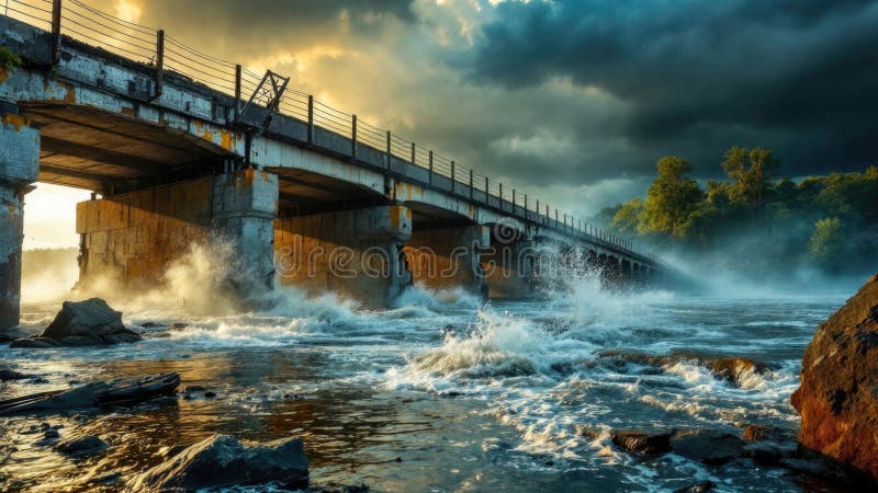 Dramatic Bridge Over Raging River at Sunset with Stormy Sky Stock Photo ...