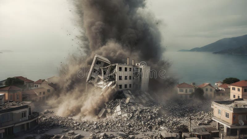 Building Demolition Scene with Smoke and Rubble by the Sea Stock ...
