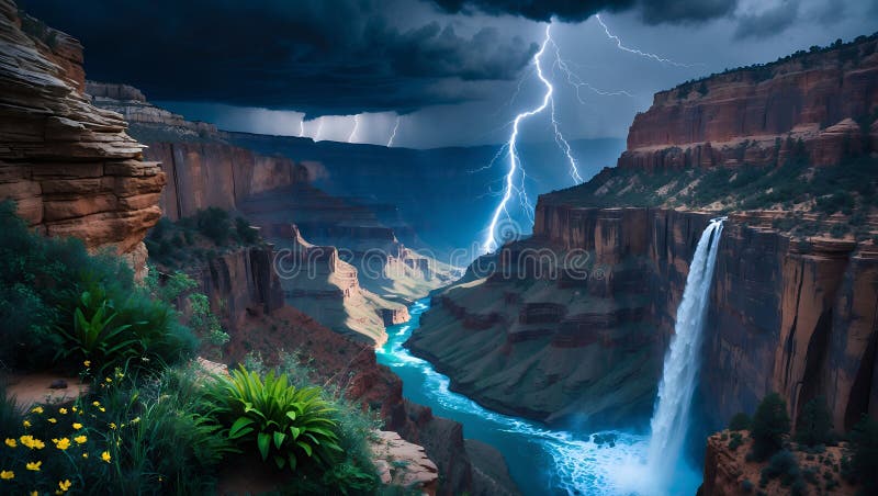 Dramatic Canyon Waterfall with Lightning Storm Stock Illustration ...