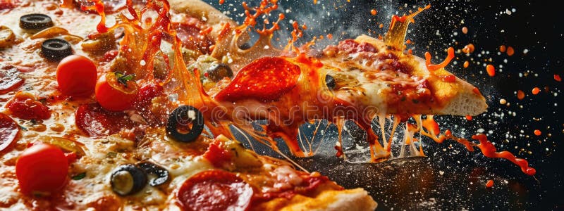 Dramatic Capture of Cheese Pizza Slice with Toppings Flying Mid Air ...