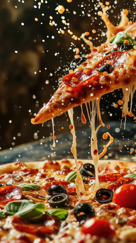 Dramatic Capture of Cheese Pizza Slice with Toppings Flying Mid Air ...