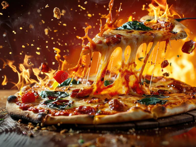 Dramatic Capture of Cheese Pizza Slice with Toppings Flying Mid Air ...