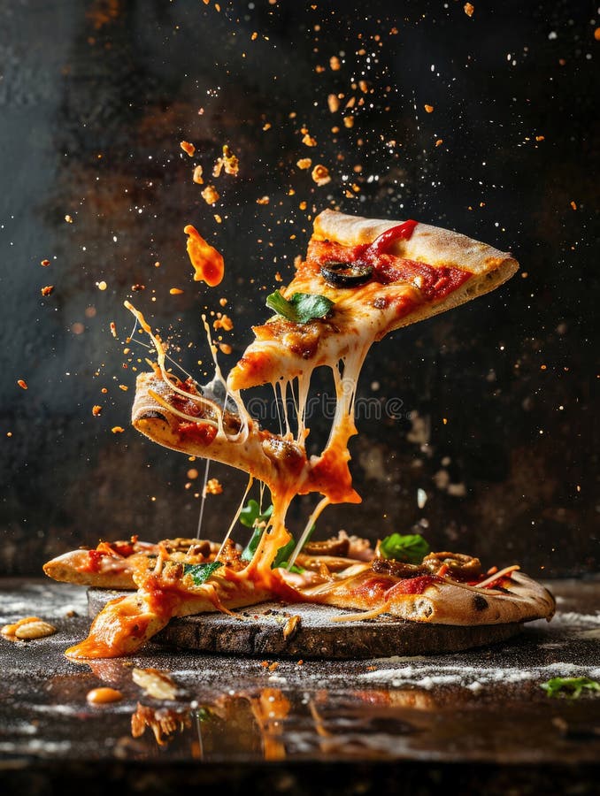 Dramatic Capture of Cheese Pizza Slice with Toppings Flying Mid Air ...