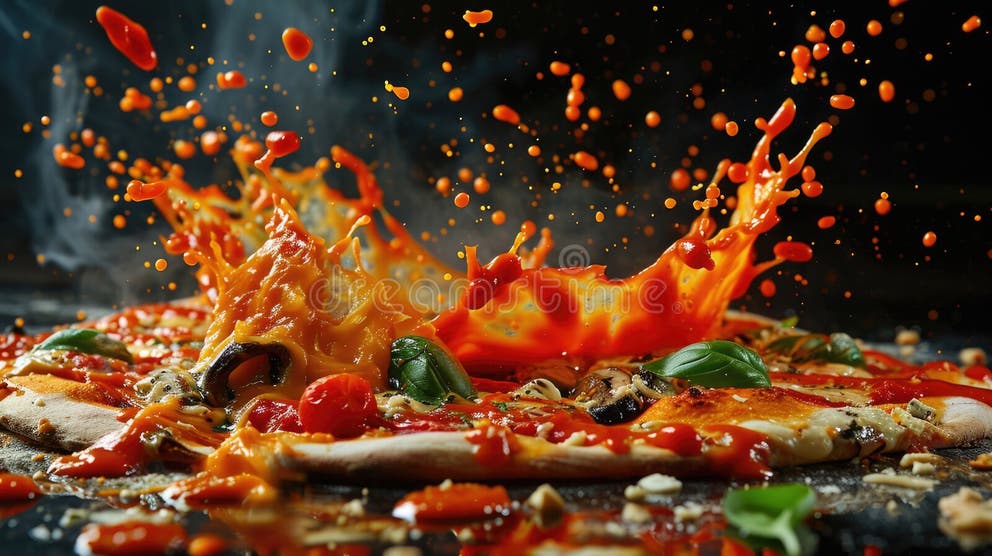 Dramatic Capture of Cheese Pizza Slice with Toppings Flying Mid Air ...