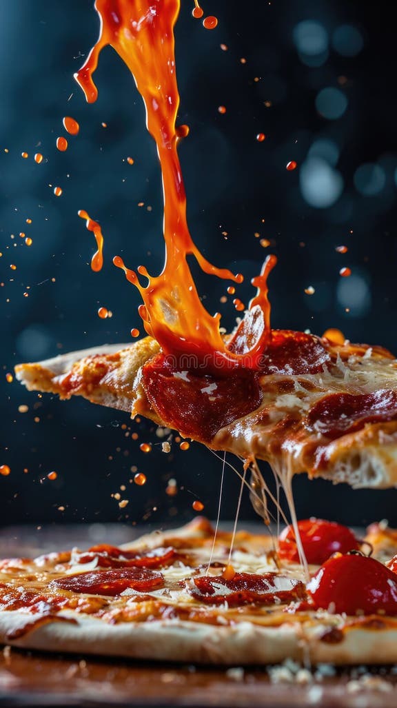 Dramatic Capture of Cheese Pizza Slice with Toppings Flying Mid Air ...