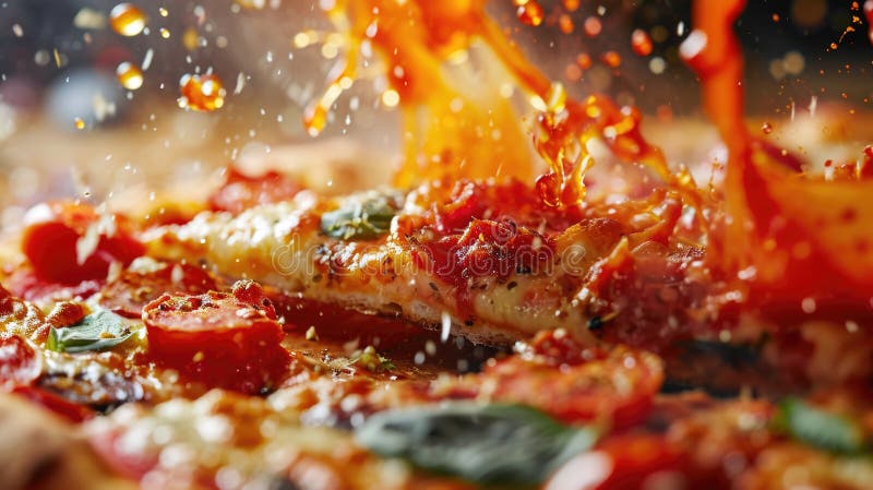 Dramatic Capture of Cheese Pizza Slice with Toppings Flying Mid Air ...