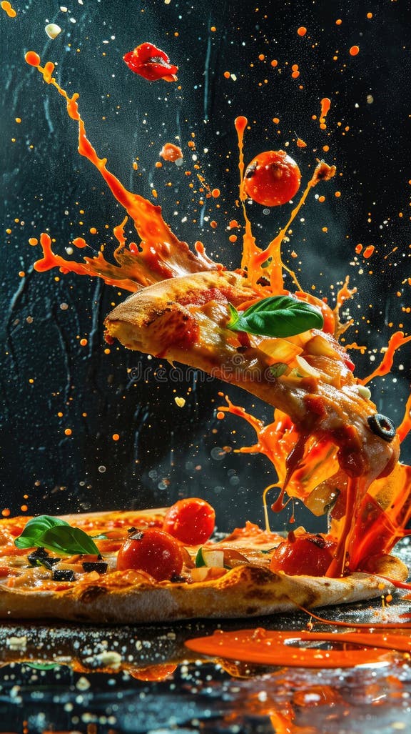 Dramatic Capture of Cheese Pizza Slice with Toppings Flying Mid Air ...