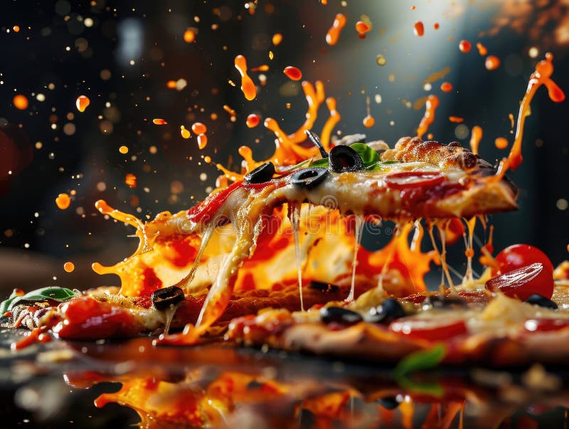 Dramatic Capture of Cheese Pizza Slice with Toppings Flying Mid Air ...