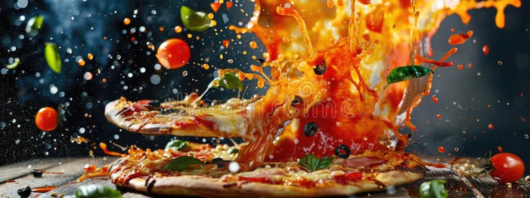 Dramatic Capture of Cheese Pizza Slice with Toppings Flying Mid Air ...