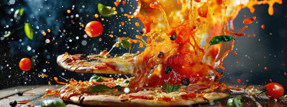 Dramatic Capture of Cheese Pizza Slice with Toppings Flying Mid Air ...