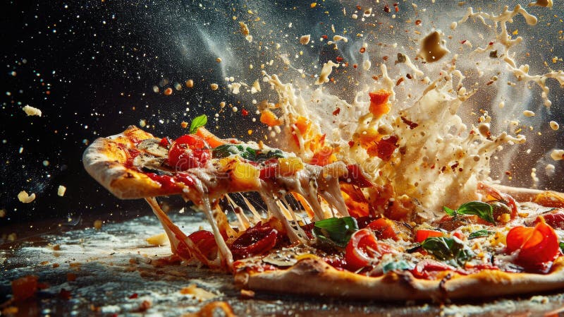 Dramatic Capture of Cheese Pizza Slice with Toppings Flying Mid Air ...