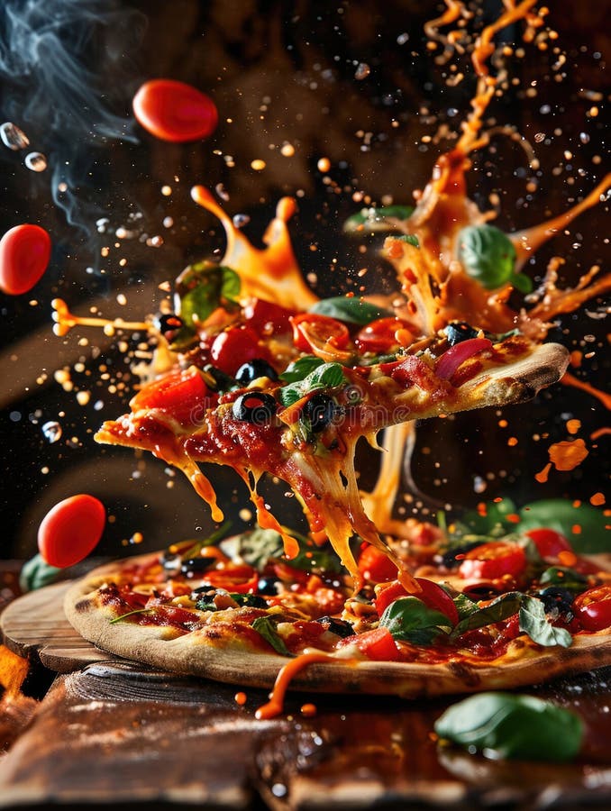 Dramatic Capture of Cheese Pizza Slice with Toppings Flying Mid Air ...