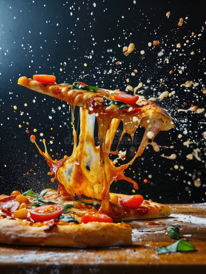 Dramatic Capture of Cheese Pizza Slice with Toppings Flying Mid Air ...