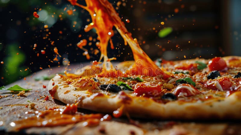 Dramatic Capture of Cheese Pizza Slice with Toppings Flying Mid Air ...