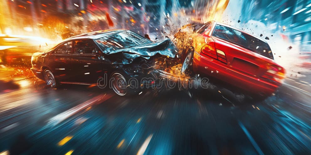 Dramatic Car Crash Scene with Explosive Impact and Motion Blur Effects ...