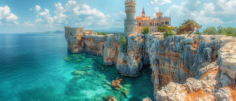 Dramatic Castle Built into Cliffside Overlooking the Sea Stock Photo ...