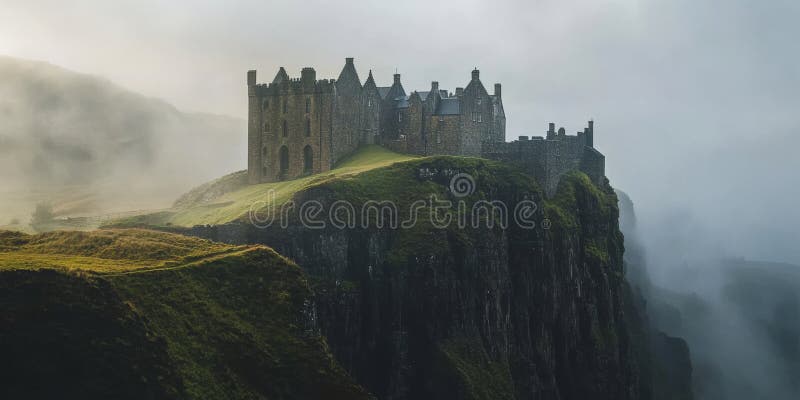 A Dramatic Castle Perched Atop a Cliff, Surrounded by Mist and Rolling ...