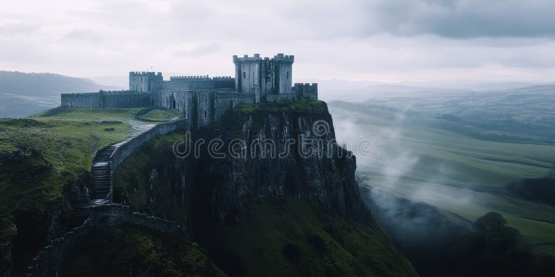 A Dramatic Castle Perched Atop a Cliff, Surrounded by Mist and Rolling ...