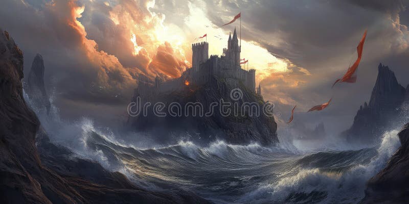 A Dramatic Castle Perched on a Rocky Cliff, with Waves Crashing Below ...