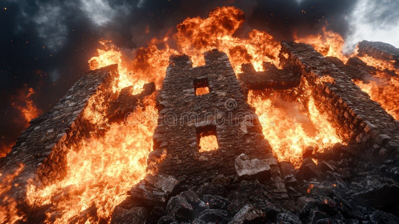 Dramatic Castle Ruins Engulfed in Flames Stock Illustration ...