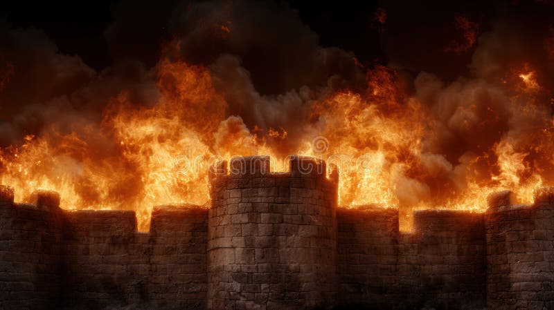 Dramatic Castle Siege with Raging Flames Stock Illustration ...