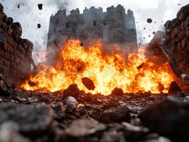 Dramatic Castle Siege with Raging Flames and Explosions Stock ...