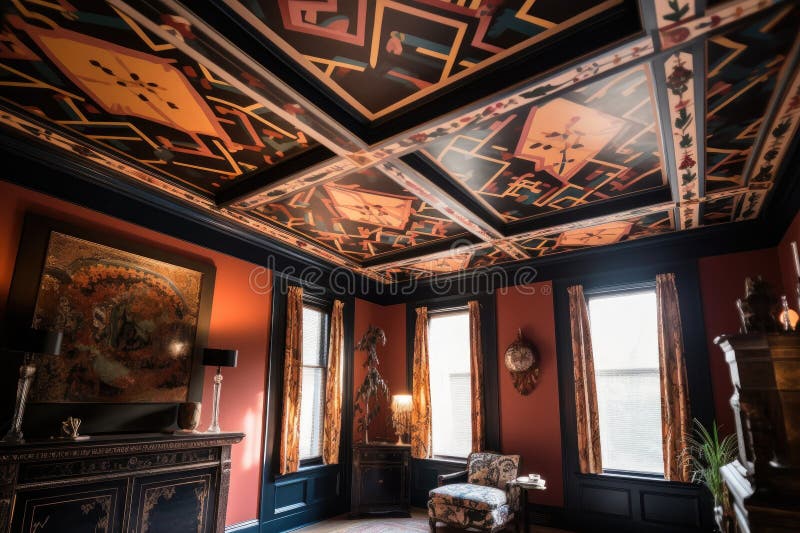 Dramatic Ceiling with Painted, Geometric Patterns and Lighting Stock ...