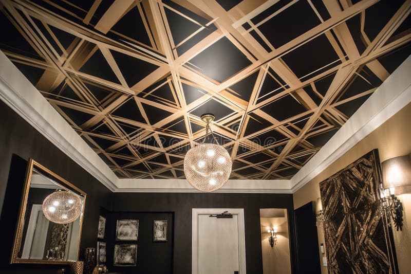 Dramatic Ceiling with Painted, Geometric Patterns and Lighting Stock ...